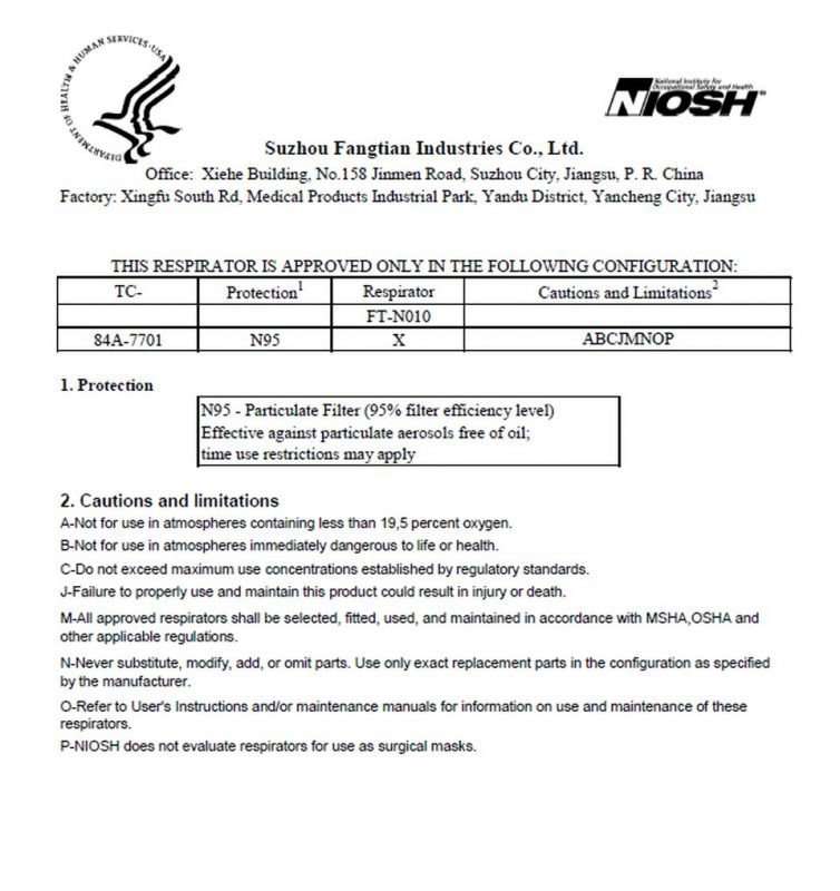 NIOSH Approved Fangtian FT-N010 N95 Mask - NIOSH List