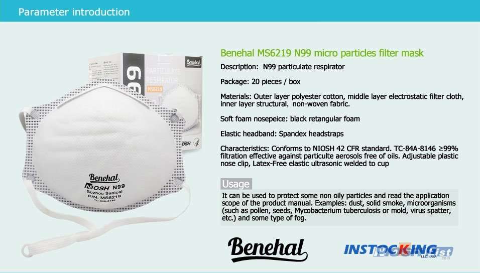 Benehal MS6219 N99 Mask NIOSH Certified) - NIOSH List